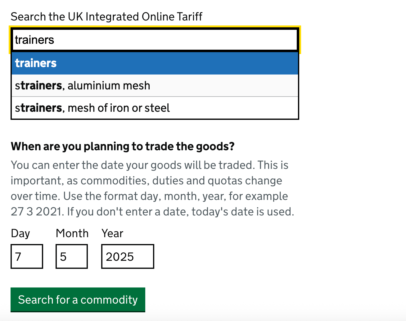 Trade tariff and commodity code checker for small businesses